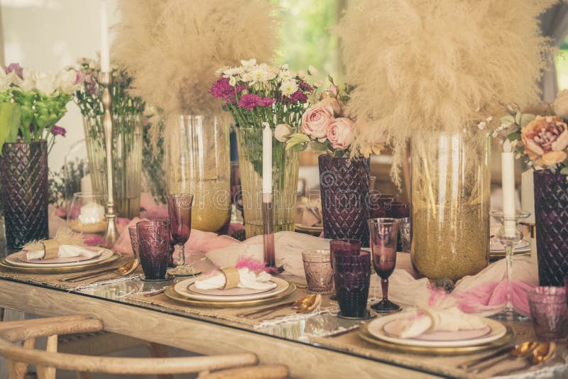 Glass Dishware on Dining Table. Party Banquet Stock Photo - Image of ...