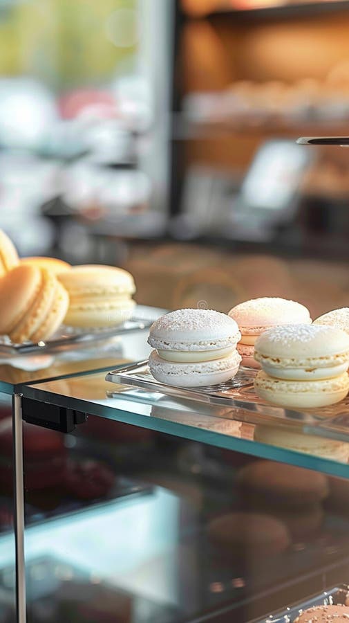 Glass Display in Cafe Features Coconut and Vanilla Macaroons Assortment ...