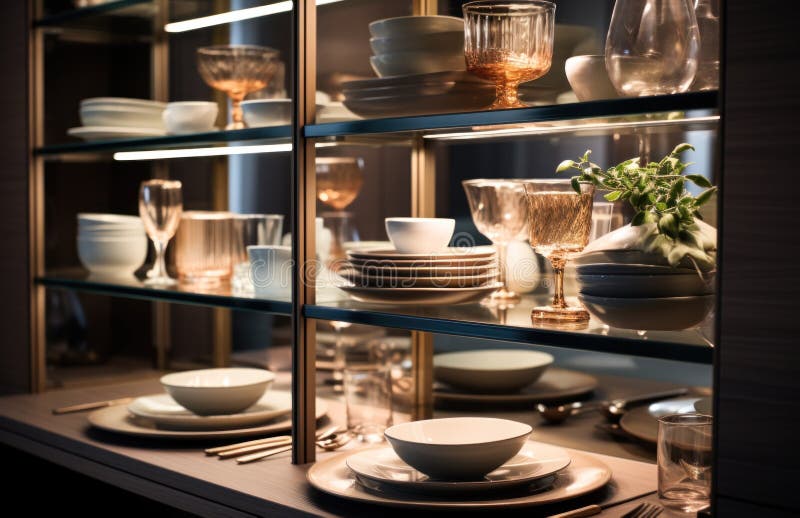 A Glass Display Rack Stacked with Plates on Top Stock Image - Image of ...