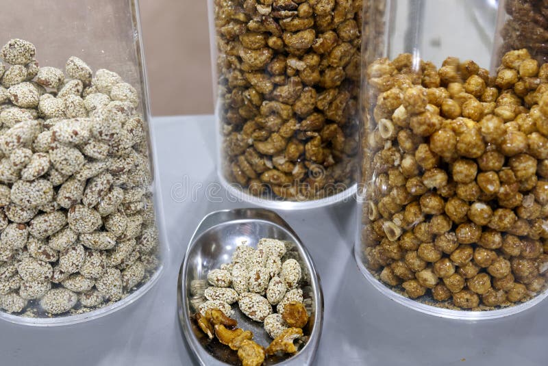 Glass Displays of Praline Dried Fruit Stock Photo - Image of grain ...