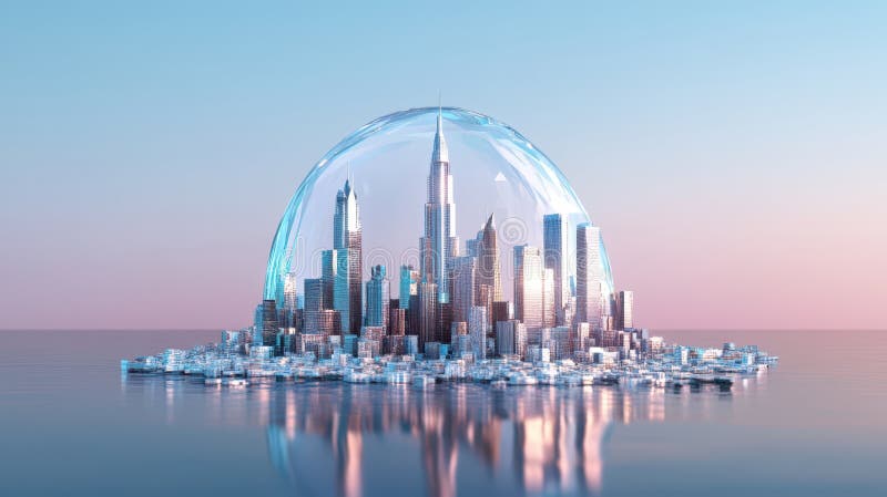 A Glass Dome Encloses a City, Floating Gracefully on Water. Stock Photo ...