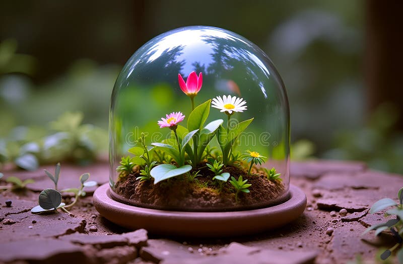 A Glass Dome with Fresh Flowers Inside Surrounded by Dry, Lifeless Soil ...
