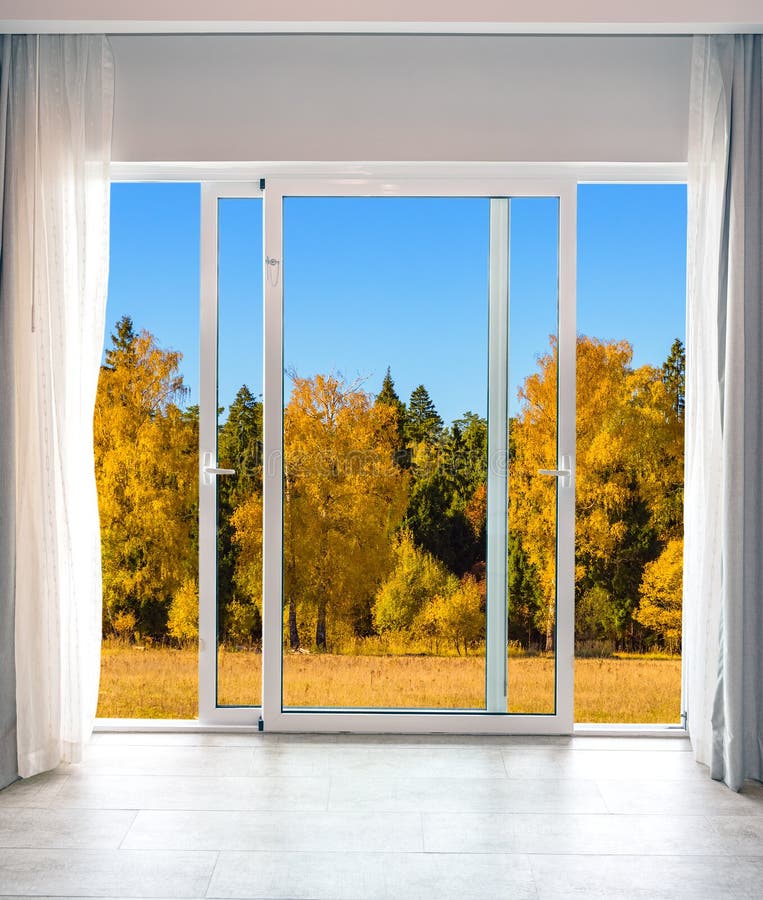 Glass Door Autumn Landscape Stock Photo - Image of apartment, curtain ...