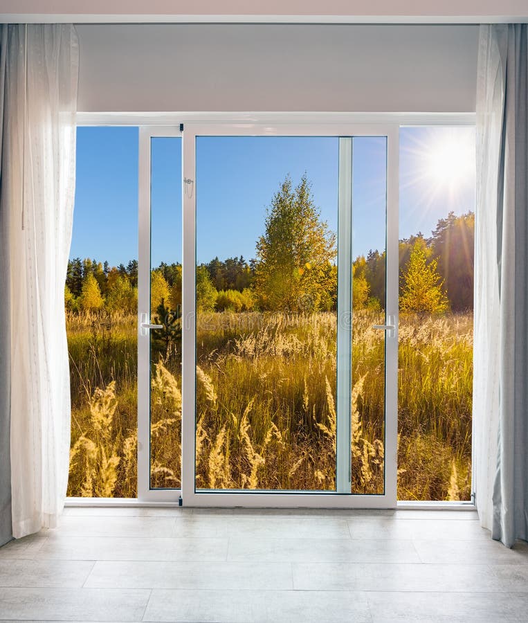 Glass Door Autumn Landscape Stock Image - Image of grass, inside: 257162483