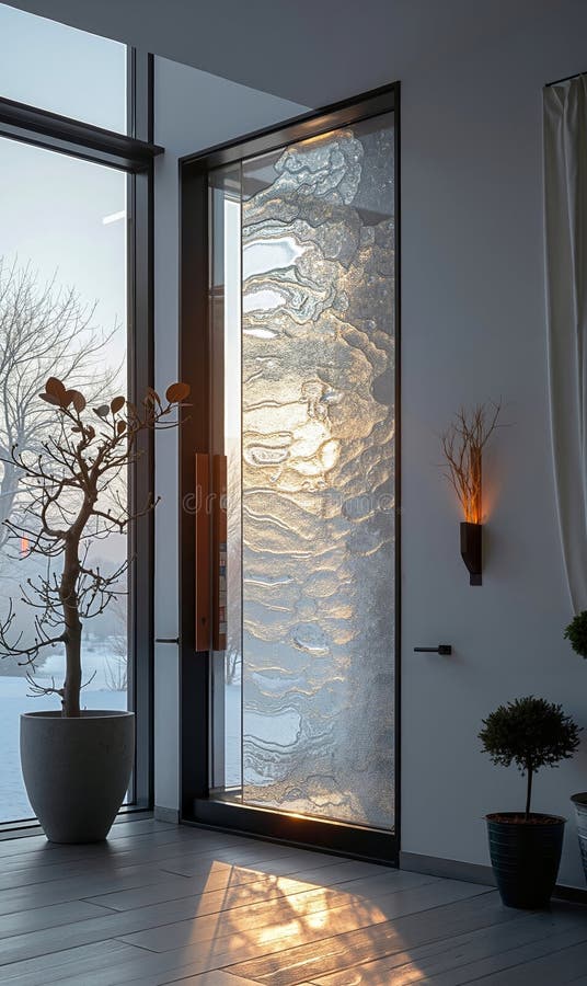 A Glass Door with Frosted Glass on the Side of it Stock Image - Image ...