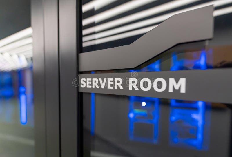 Glass Door with Server Room Sign and Illuminated Data Center Equipment ...