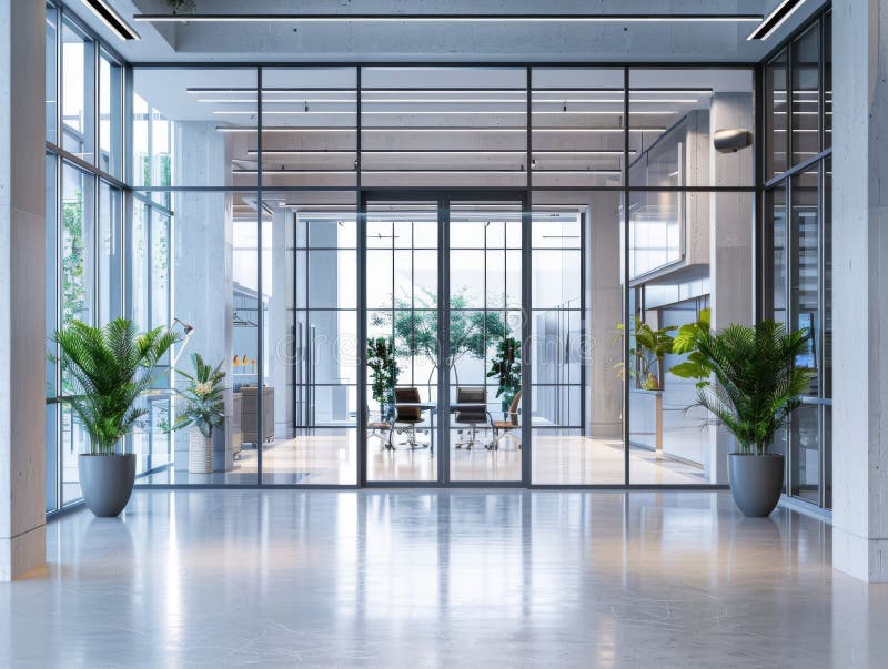 Glass Doors and Lush Greenery Adorn a Modern Office Interior Stock ...