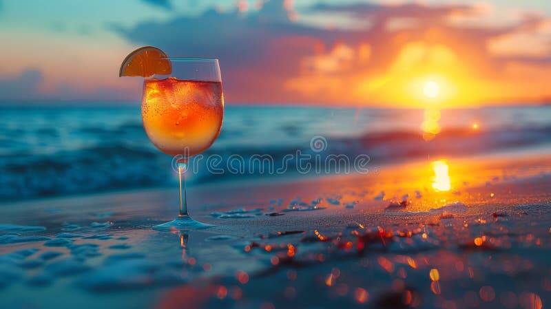 A Glass of a Drink Sitting on the Beach with an Orange Slice, AI Stock ...