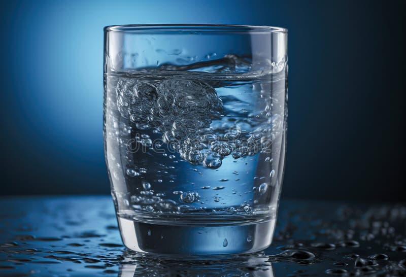 A Glass with Effervescent Water, Highlighted Against a Dark Blue ...