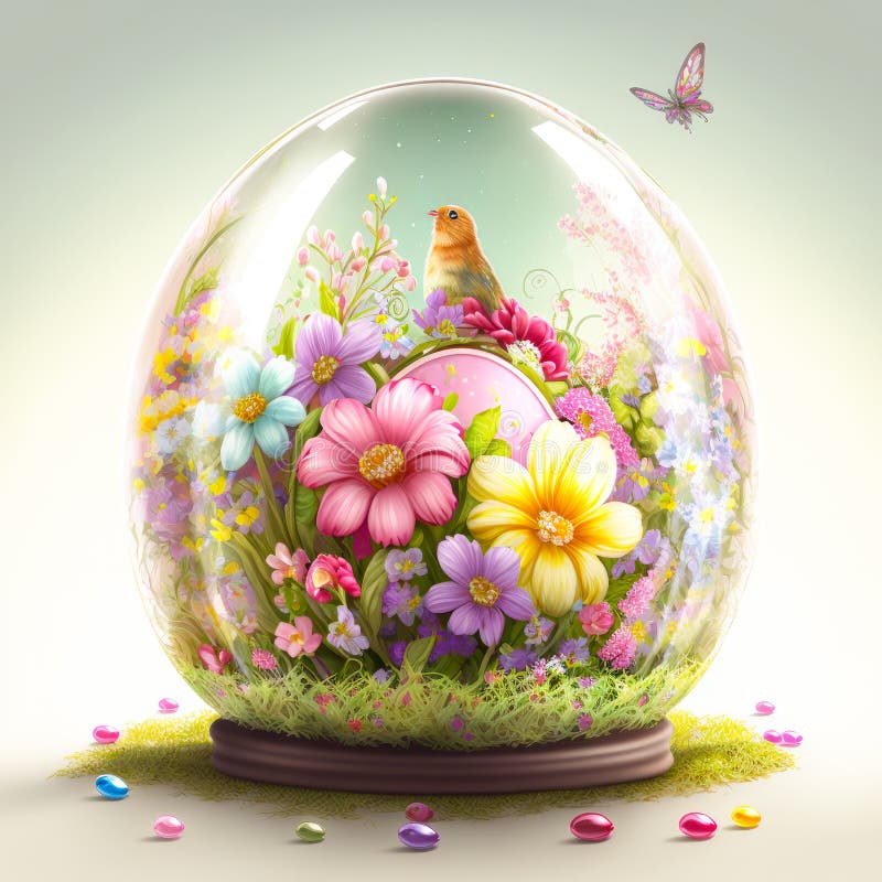 A Glass Egg Shape Ball with a Beautiful Spring Flower Composition and a ...