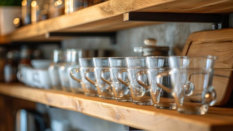 Glass Elegant Transparent Cups Stand in a Row on the Kitchen Shelf ...