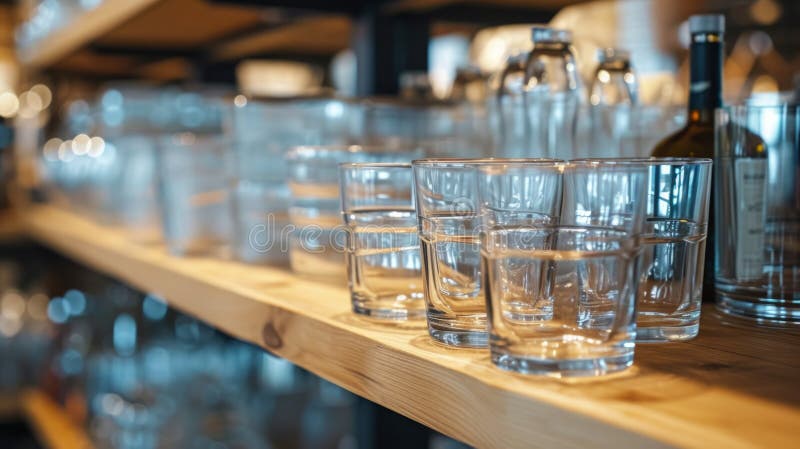 Glass Elegant Transparent Cups Stand in a Row on the Kitchen Shelf ...