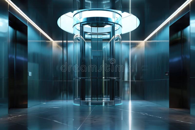 A Glass Elevator with a Circular Light Fixture Inside Stock Photo ...