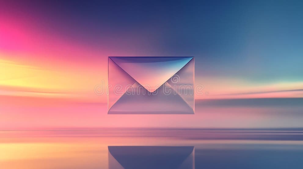 Glass Envelope Floating in Abstract Pastel Sunset Sky with Reflections ...