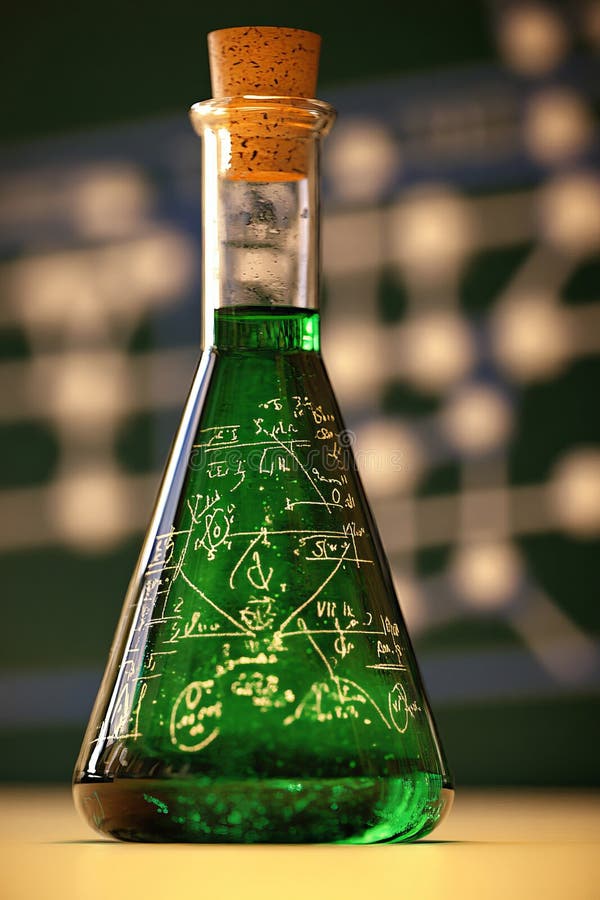 Glass Erlenmeyer Flask with Green Liquid, Cork Stopper, and Scientific ...