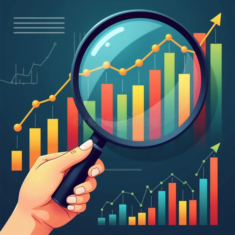 Glass Examines Colorful Bar Graphs Stock Illustration - Illustration of ...