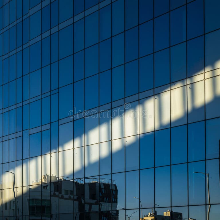 Glass Facade of a Building Reflecting the Blue Sky and Surrounding Urban Structures. Stock ...