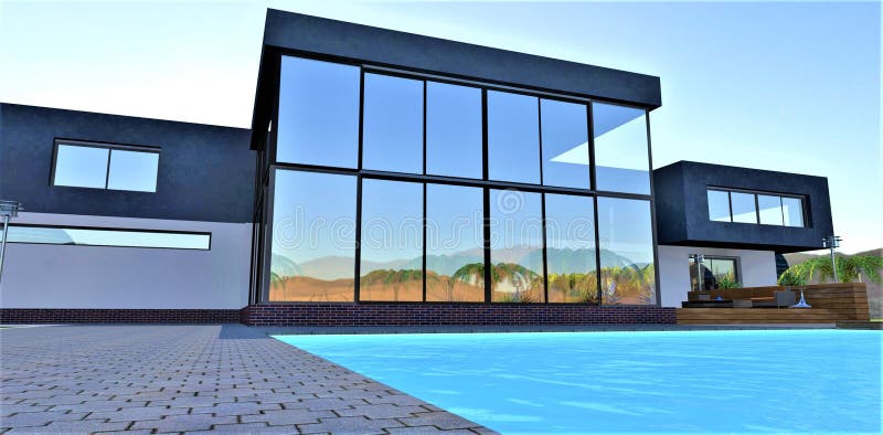 The Glass Facade of an Elite High-tech Housing with a Swimming Pool ...