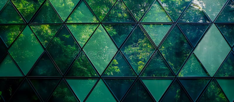 Glass Facade with Geometric Pattern Reflecting Greenery in a Modern ...