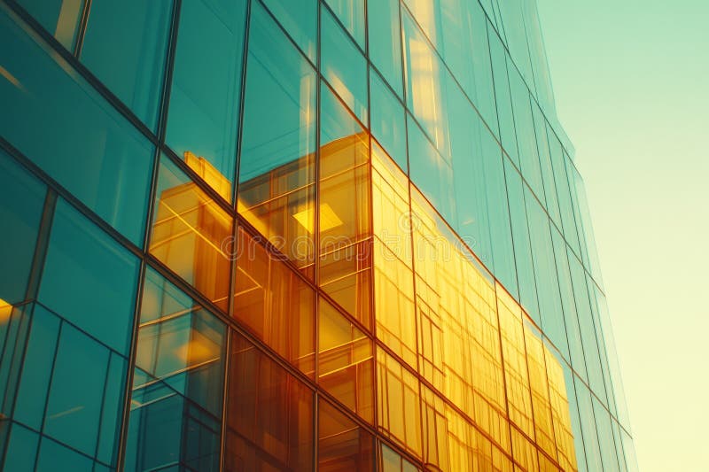 Glass Facade of a Modern Skyscraper Reflecting a Golden Building in the ...