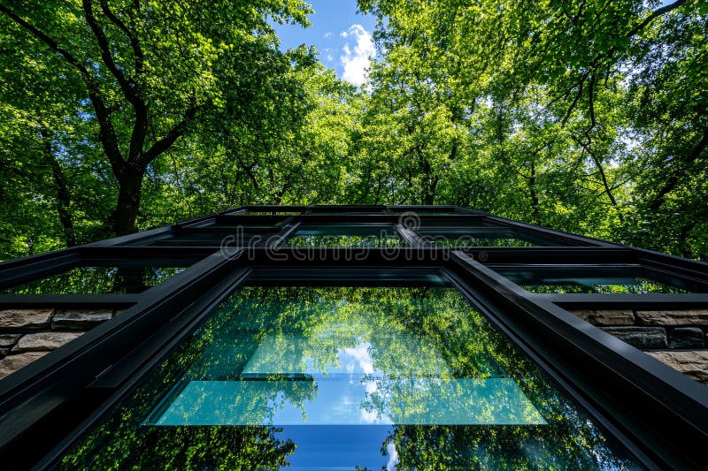 Glass Facade Reflects Trees and Blue Sky in Architectural Design ...