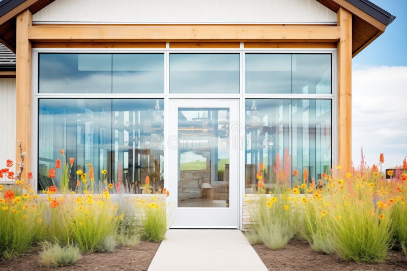 Glass Facade with Ribbon Windows, Wildflowers on Prairie Stock Photo ...