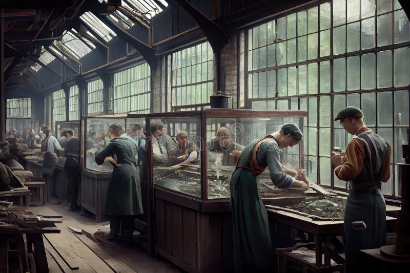 Glass Factory, with Rows of Workers Assembling Glass for Windows and ...