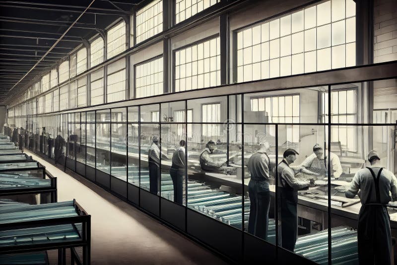 Glass Factory, with Rows of Workers Assembling Glass for Windows and ...
