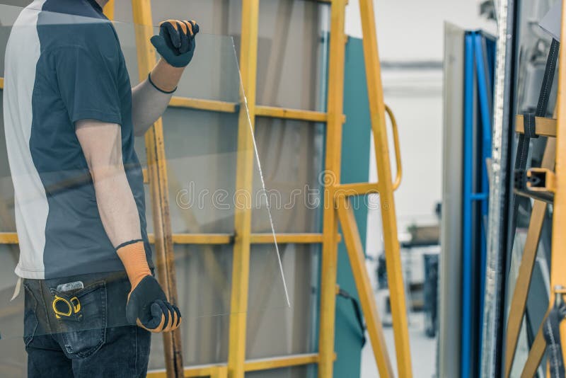Glass Factory, Worker Carrying Glass Panes Stock Image - Image of ...