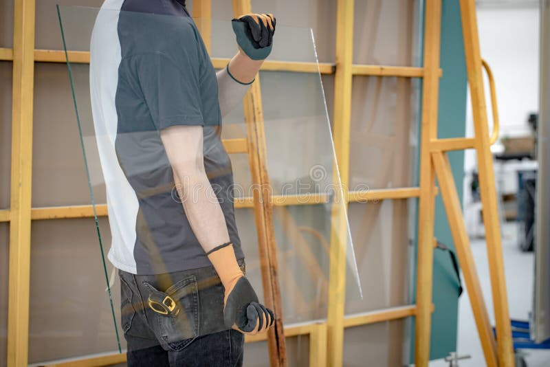 Glass Factory, Worker Carrying Glass Panes Stock Photo - Image of ...