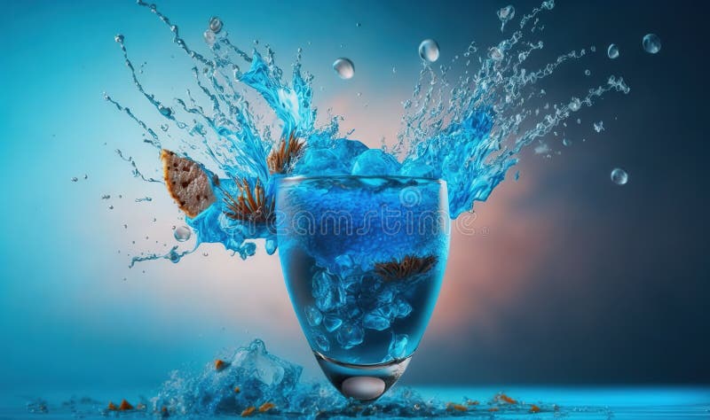 A Glass Filled with Blue Liquid with a Butterfly Flying Out of it Stock ...