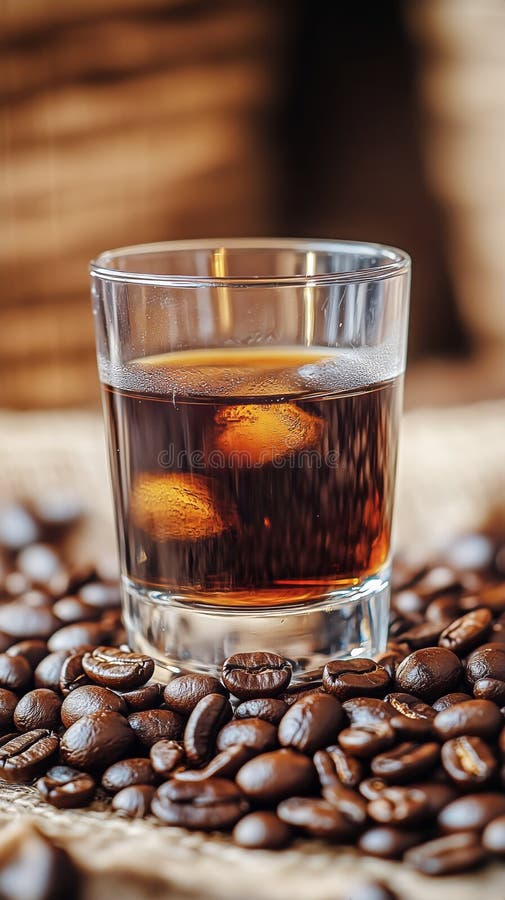 Cold Beverage with Ice Cubes and Coffee Beans on a Rustic Surface Stock ...