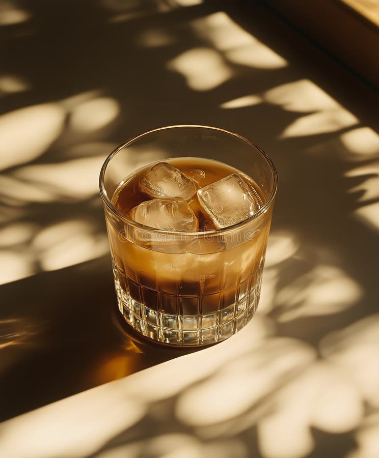 Cold Beverage with Ice Cubes Reflects Soft Shadows on Table Stock Image ...