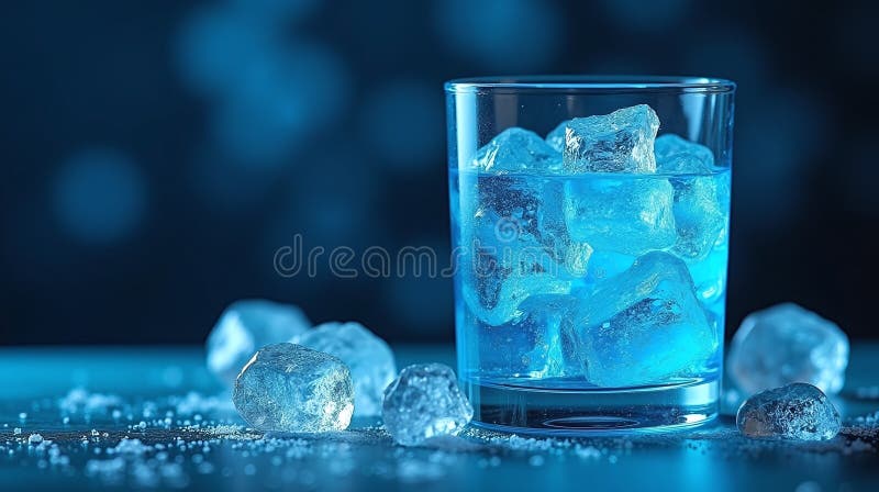 A Glass Filled with Icy Blue Liquid and Large Ice Cubes Stock ...