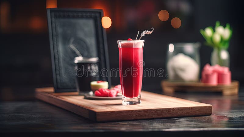 A Glass Filled With A Liquid Sitting On Top Of A Wooden Tray Stock