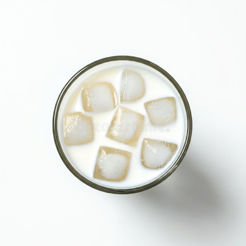 A Glass Filled with Milk and Several Ice Cubes, Viewed from Above. the ...