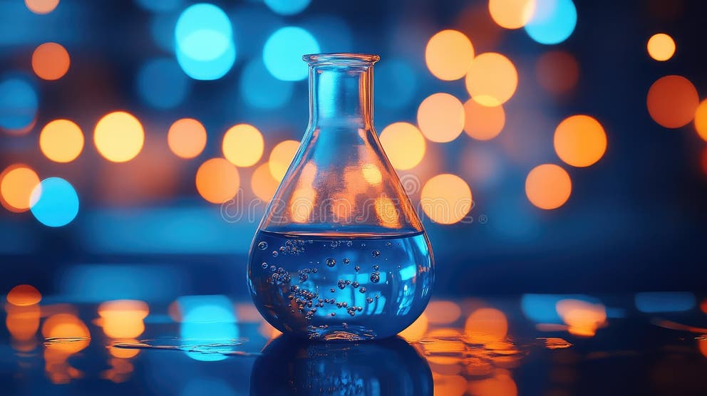 Glass Flask with Bubbling Liquid on Blue Surface Stock Illustration ...