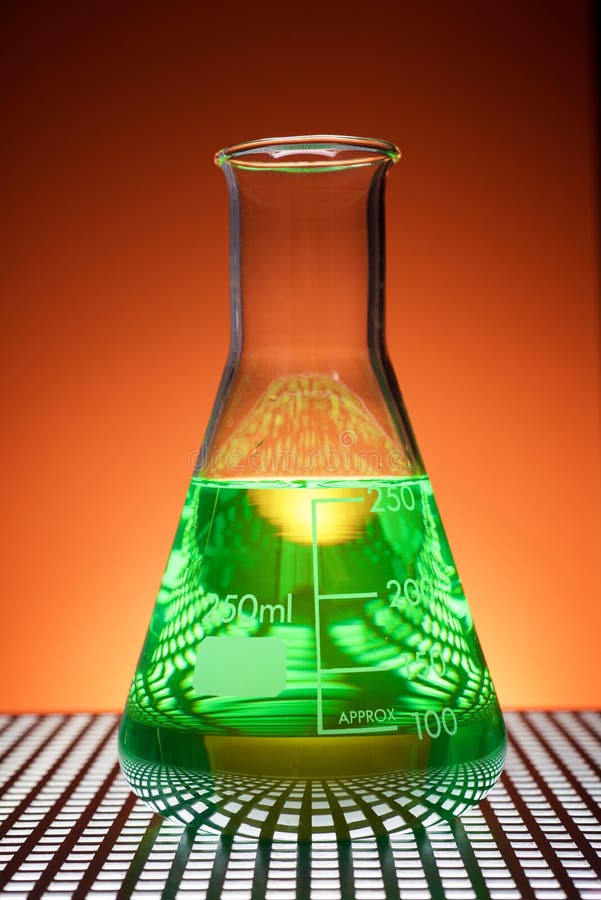 Glass Flask Placed in a Laboratory Table with Green Liquid Stock Image ...