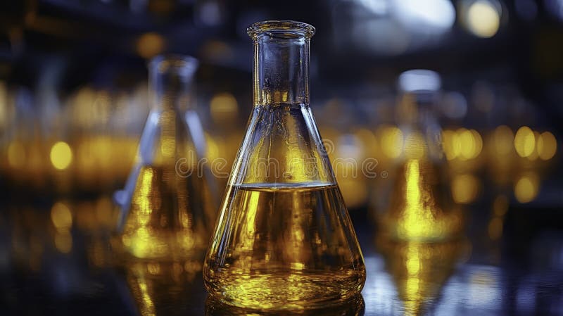 Glass Flasks with Amber Liquid, Blurred Background, Scientific ...