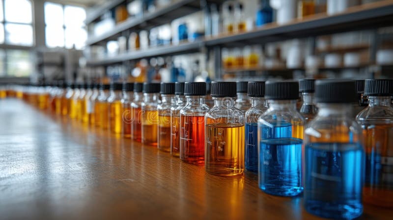 Glass Flasks with Colored Liquid in a Chemical Laboratory. Various ...