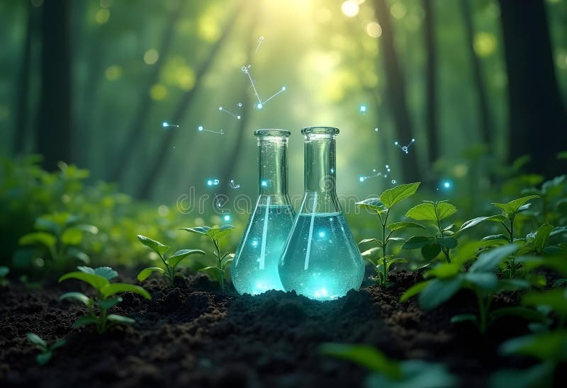 Glass Flasks with Glowing Liquid in Lush Forest, Symbolizing Nature and ...