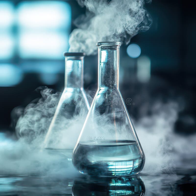 Glass Flasks Releasing Steam in Laboratory Setting Stock Photo - Image ...