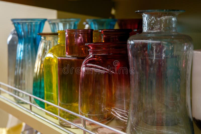 Glass Flower Vases on a Shelf in a Tableware Store Stock Image - Image ...