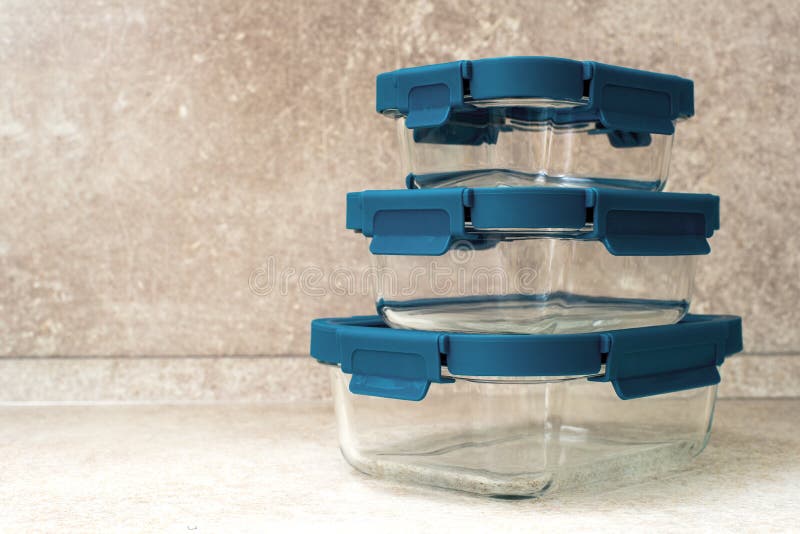 Glass Food Containers of Different Sizes on the Kitchen Table Stock ...