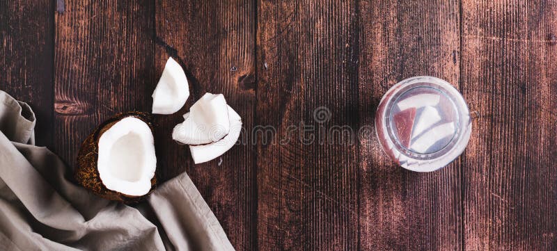 Glass of Fresh Healthy Coconut Water and Coconut Pulp on the Table Top ...