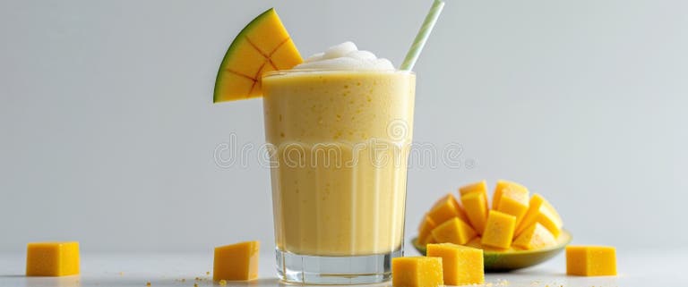 Glass of Fresh Mango Smoothie with Mango Cubes and Straw Stock Photo ...