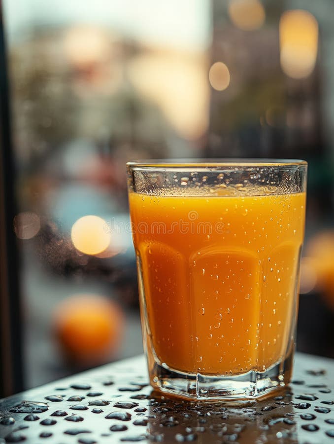 A Glass of Fresh Orange Juice with Droplets on a Table Stock Image ...