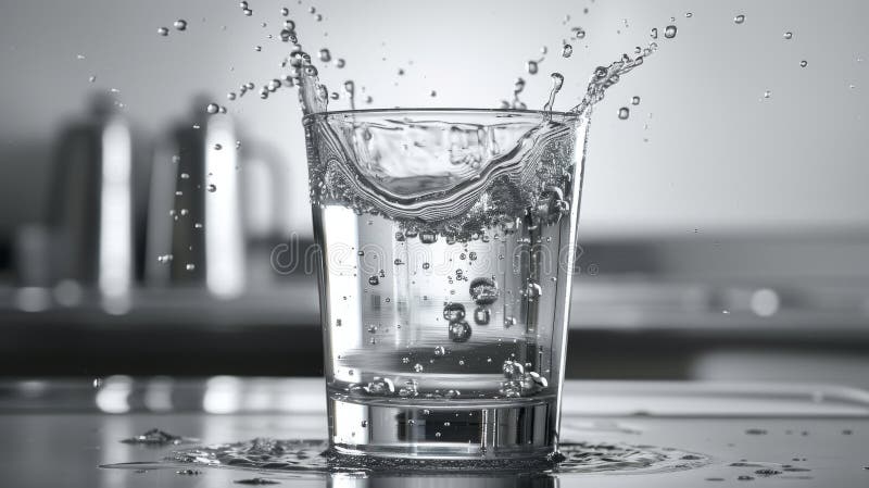 Glass of Fresh Water with Splashing and Bubbles on Table in Home Bar on ...