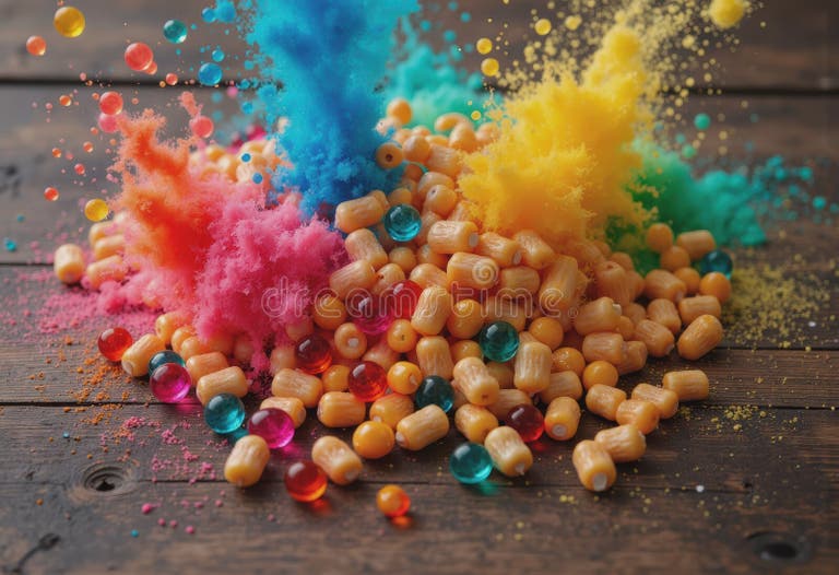 Glass Gem Corn Kernels Bursting with Vibrant Rainbow Juice Spray Stock ...
