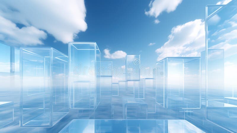 Glass Geometric Shapes and Cloudy Sky Hi-tech Background. Generative AI ...